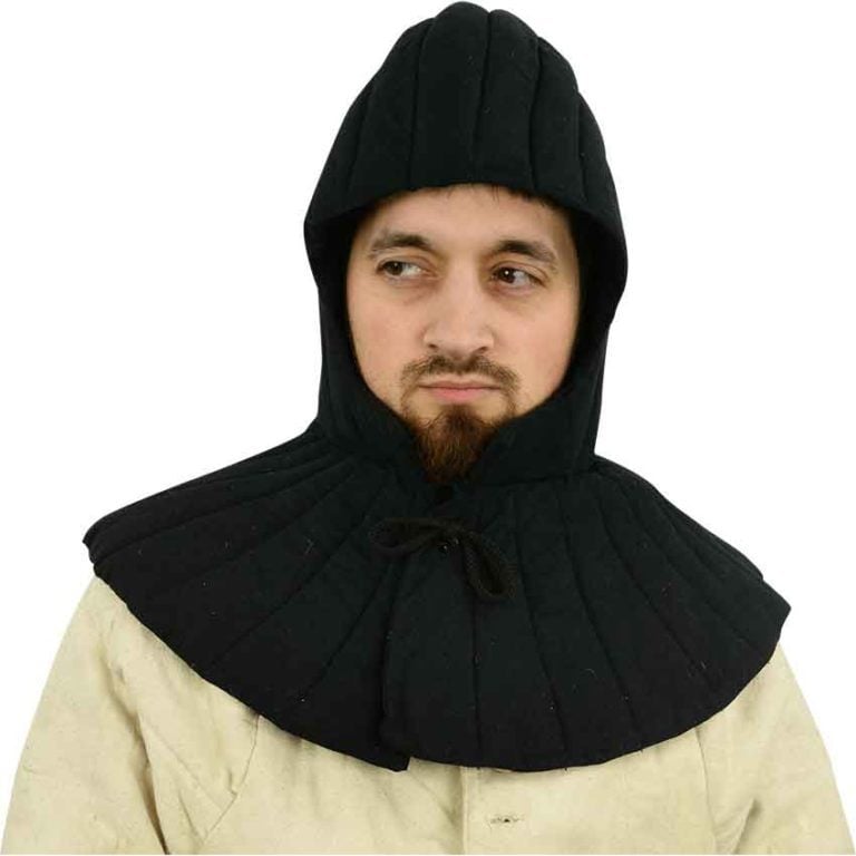 Black Padded Arming Hood with Collar - AH-PA1002 - Medieval Collectibles