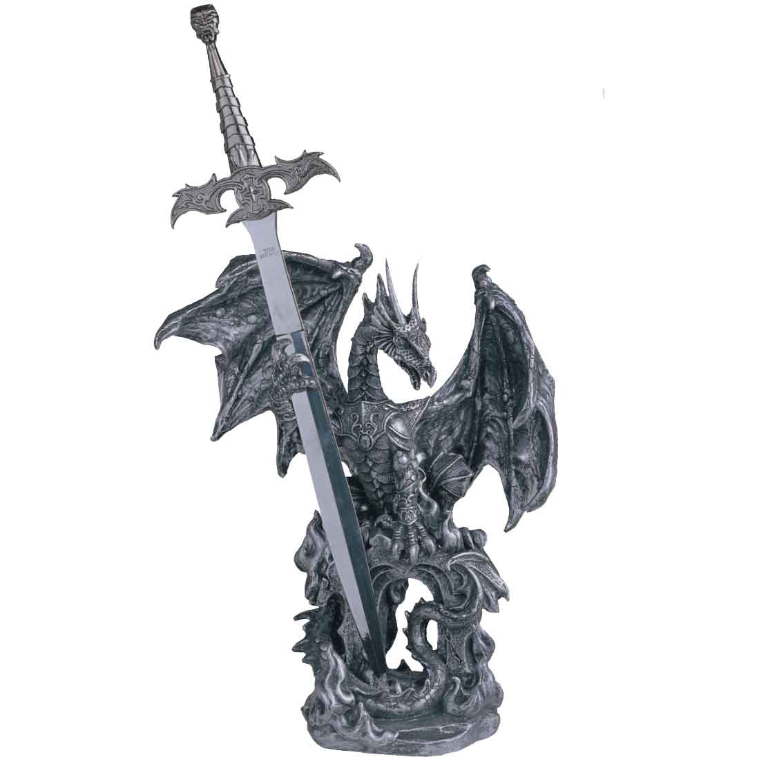 Silver Armoured Dragon with Sword Statue - 05-71338 - Medieval Collectibles