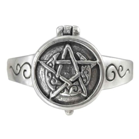 Silver Horned Moon Pentacle Poison Ring - Medieval Collectibles