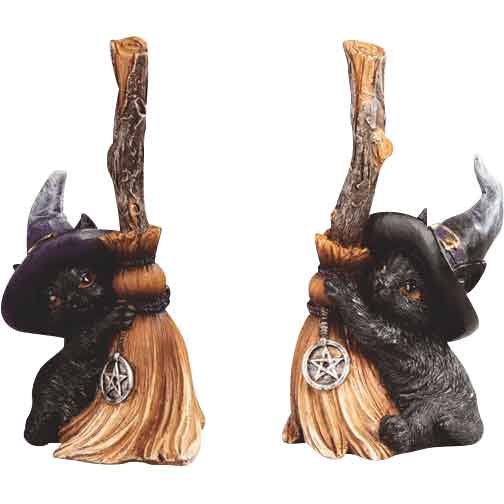 Black Cat with Broom Statue Set