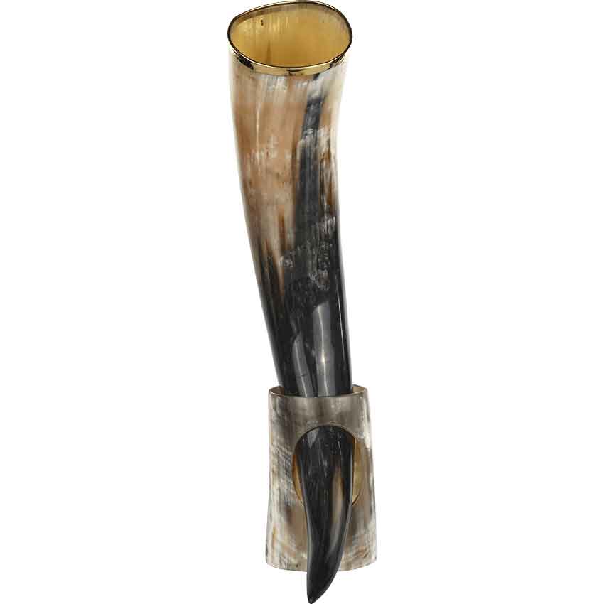 Brass Trim Drinking Horn with Horn Stand