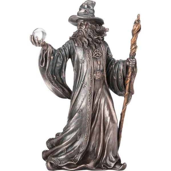 Bronze Wizard with Crystal Ball and Staff Statue