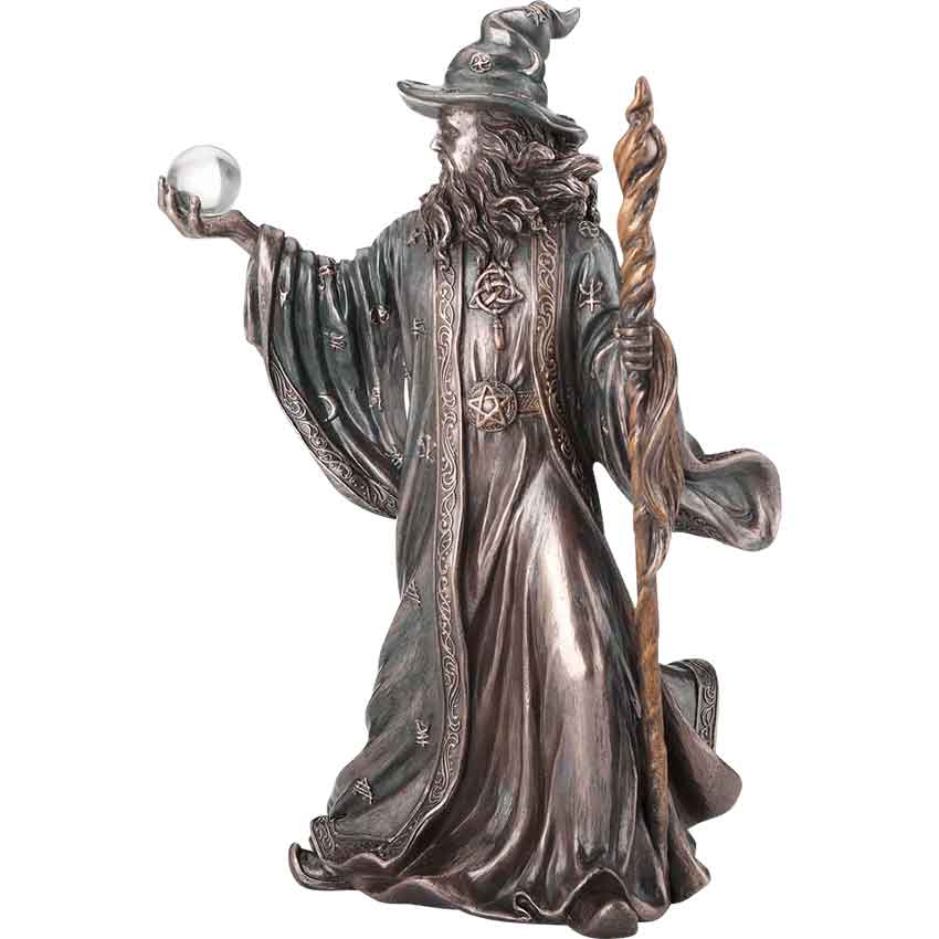 Bronze Wizard with Crystal Ball and Staff Statue