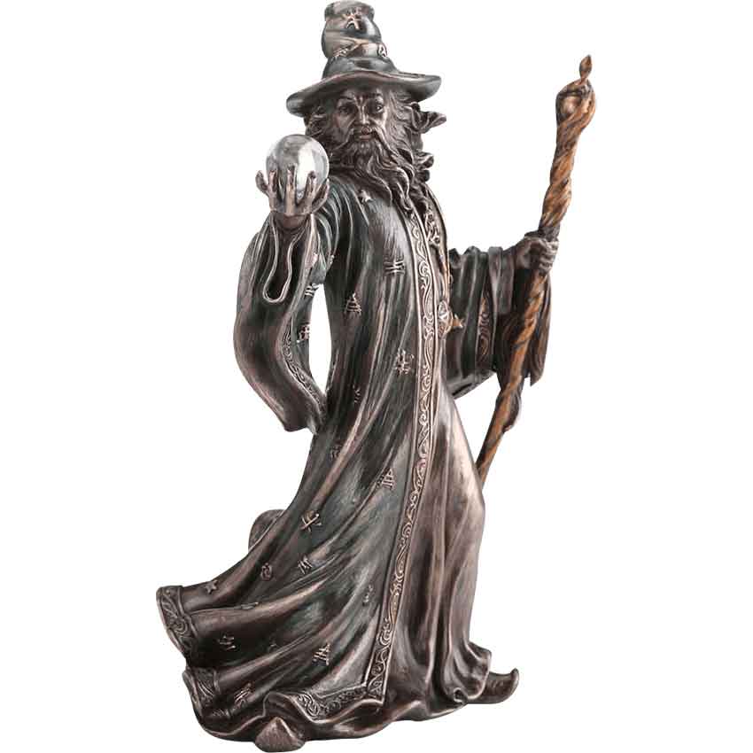 Bronze Wizard with Crystal Ball and Staff Statue