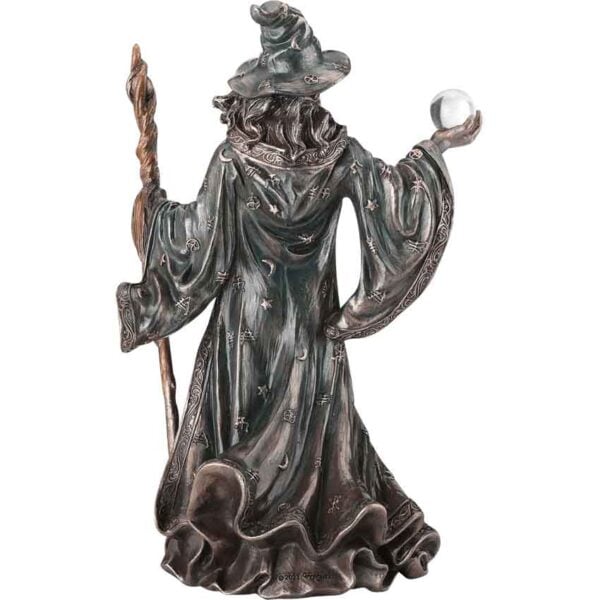 Bronze Wizard with Crystal Ball and Staff Statue